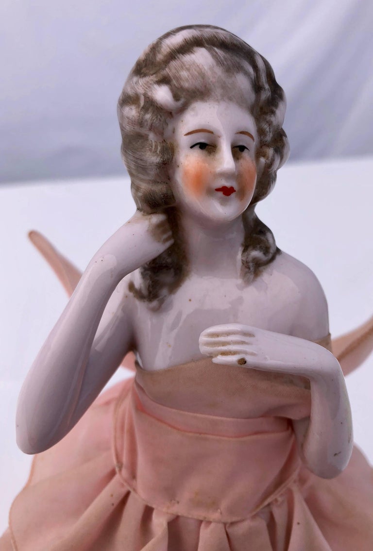 French Antique Hand-Painted Boudoir Doll Lamp with Pink Taffeta Dress ...