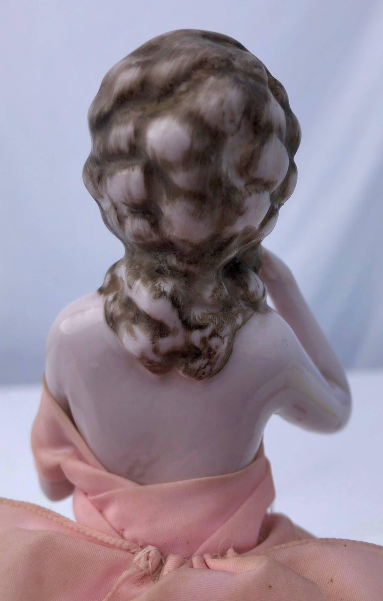 French Antique Hand-Painted Boudoir Doll Lamp with Pink Taffeta Dress ...