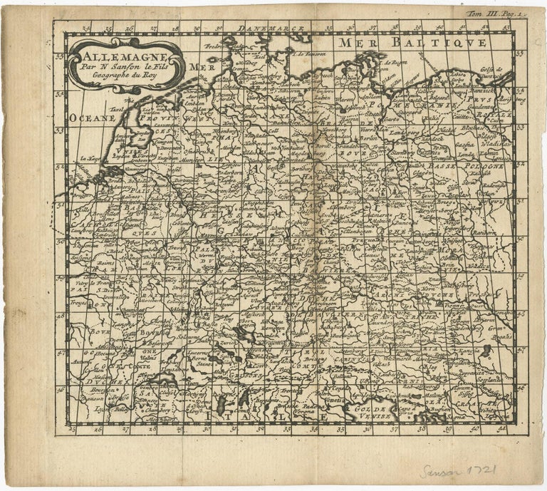 French Antique Miniature Map of Germany and Surrounding Countries, 1721 ...