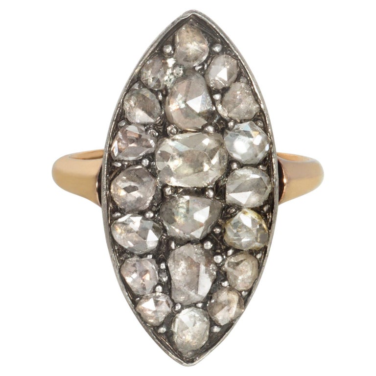 French Antique Navette-Shaped Rose Diamond and Silver-Topped Gold ...