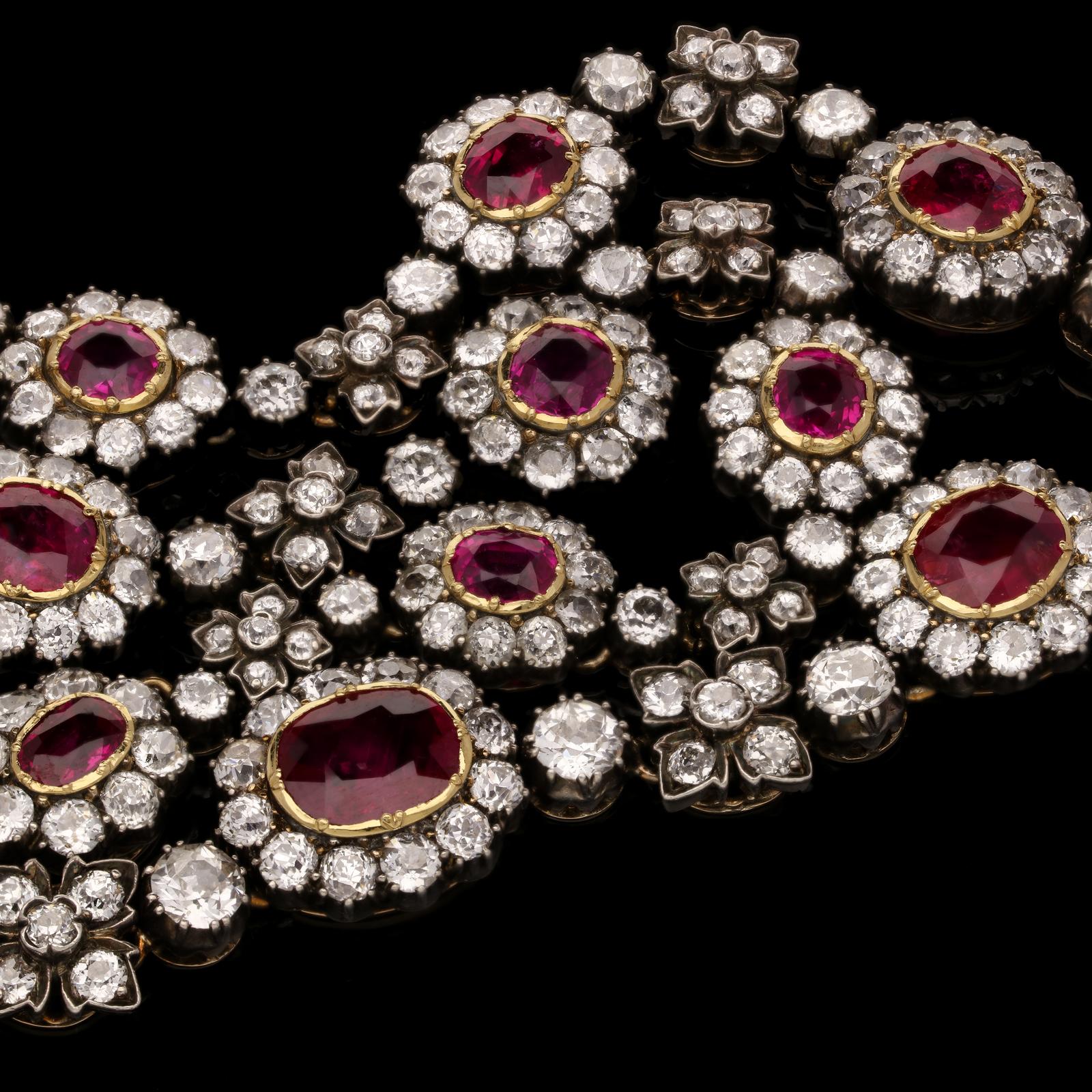 French Antique Stunning Burmese Ruby and Diamond Cluster Necklace ...