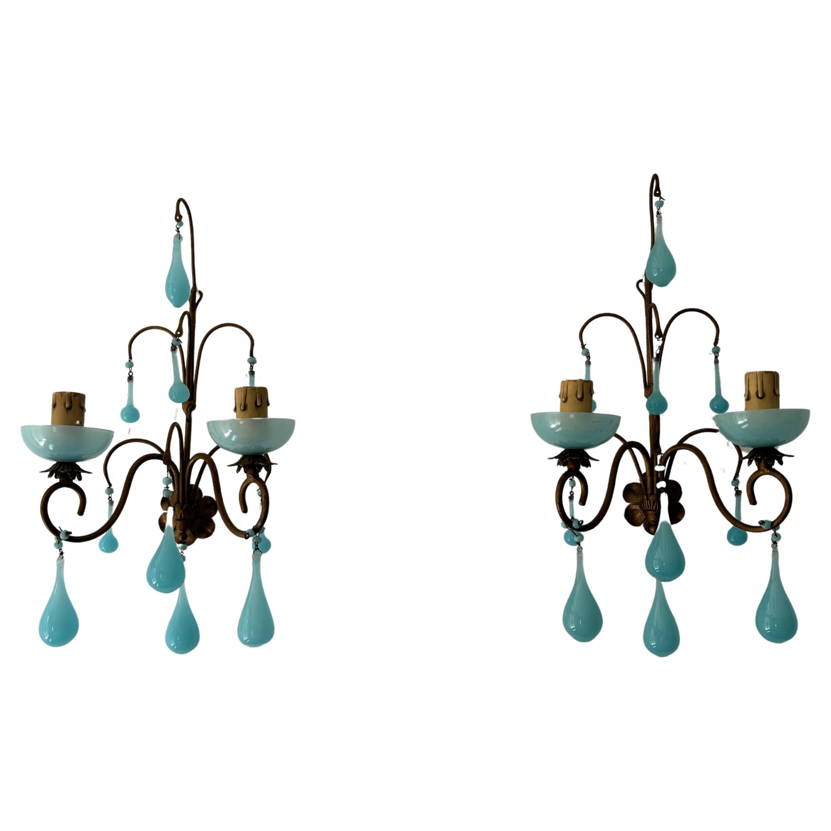 French Aqua Blue Opaline Drops Bobeches and Beads Sconces C 1920 For ...
