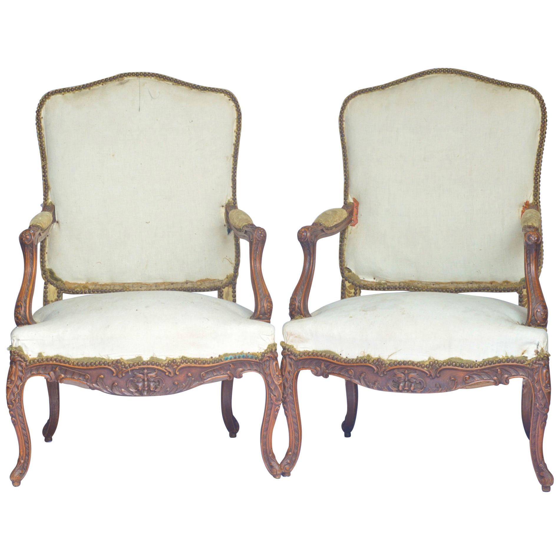 French Armchairs Bergere Fauteuil Rococo Carved Upholstered 19th ...