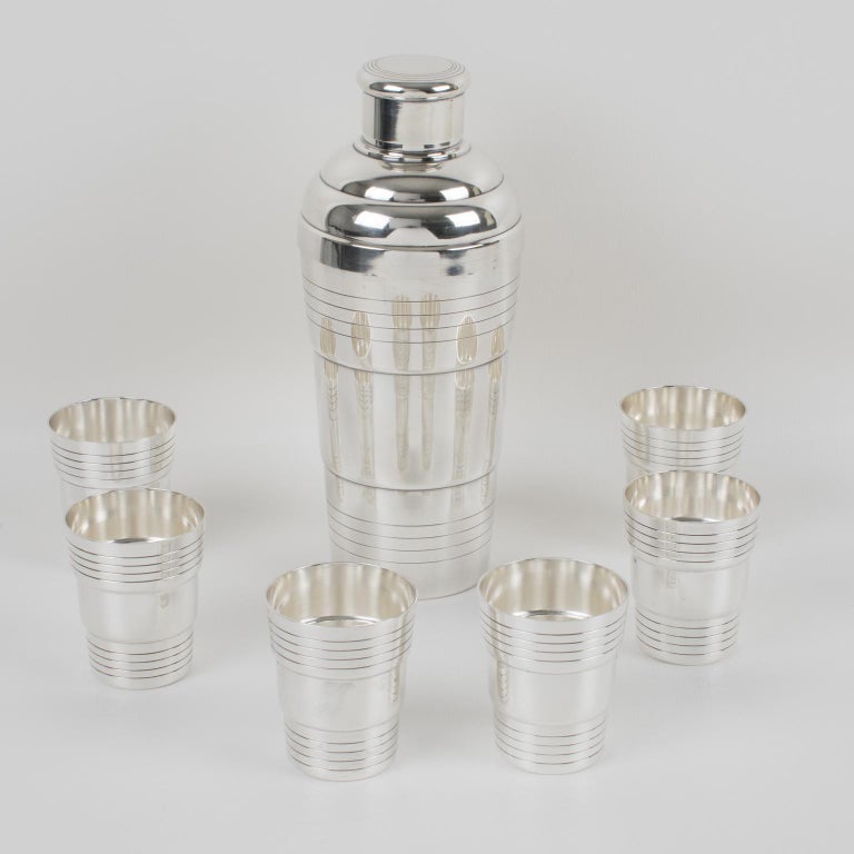 French Art Deco Barware Silver Plate Cocktail Shaker and six Glasses ...