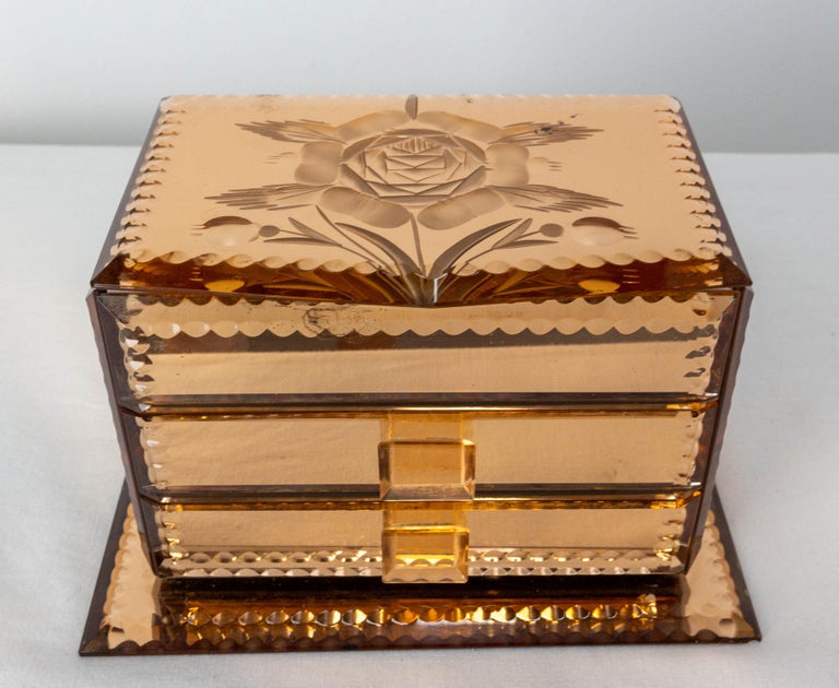 French Art Deco Beveled Pinkish Glass Jewelry Box Rove Motif, circa ...