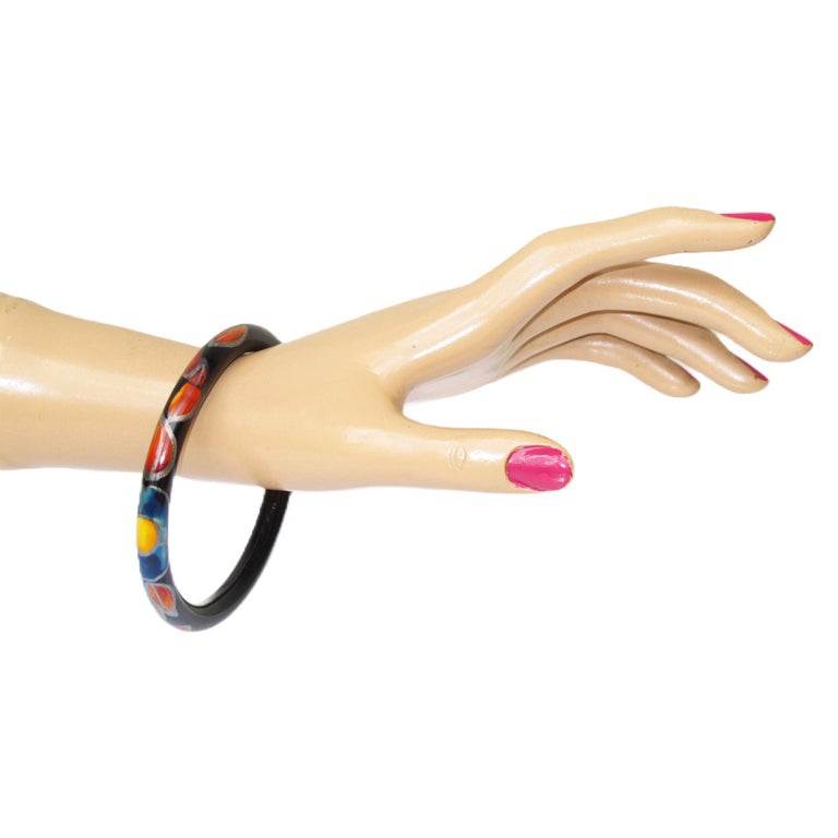 French Art Deco Black Celluloid Bracelet Bangle with Leaves Design For ...