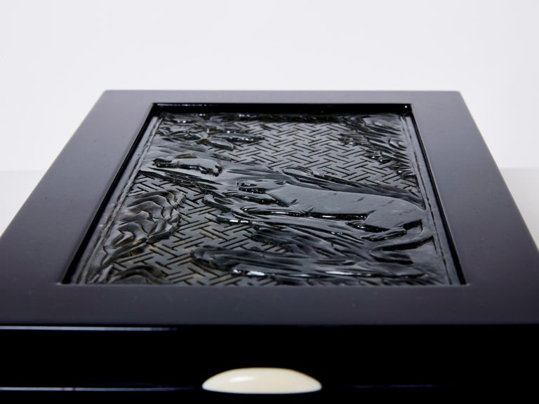 French Art Deco Box Black Lacquer Carved Jade Stone, 1930 For Sale at ...