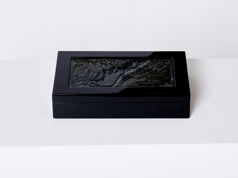 French Art Deco Box Black Lacquer Carved Jade Stone, 1930 For Sale at ...