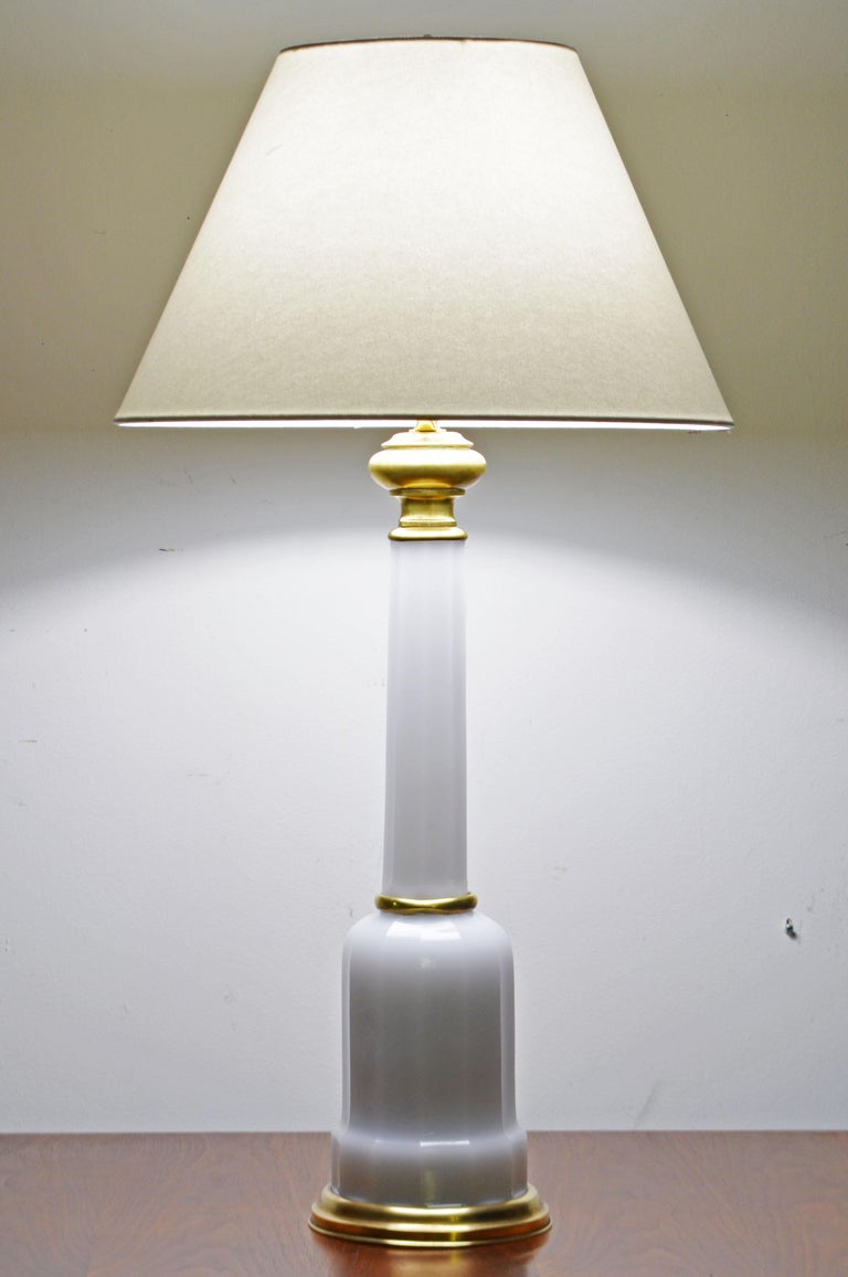 French Art Deco Brass Mounted Paneled Opaline Glass Stepped Column ...