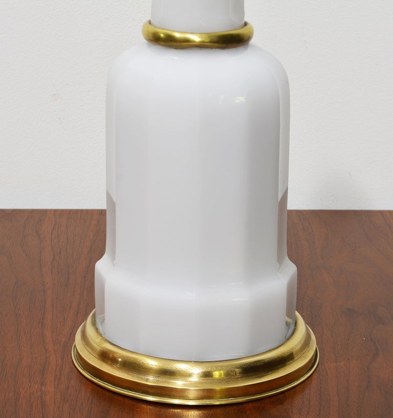 French Art Deco Brass Mounted Paneled Opaline Glass Stepped Column ...