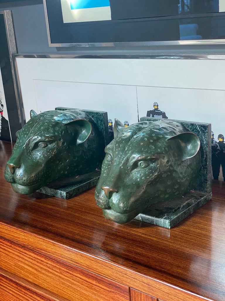 French Art Deco Bronze and Marble Cheetah Heads in the Manner of Max Le ...