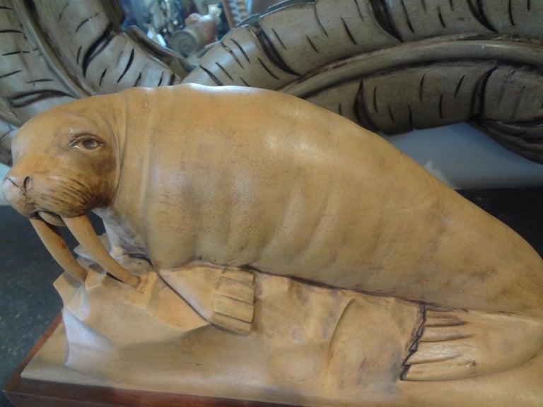 French Art Deco Carved Wood Walrus Sculpture, Signed Martini For Sale ...