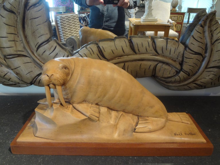 French Art Deco Carved Wood Walrus Sculpture, Signed Martini For Sale ...