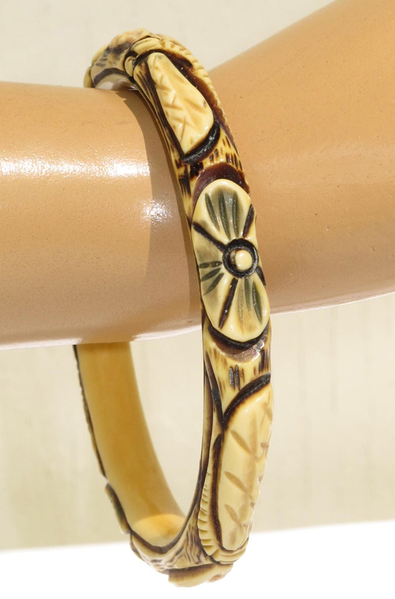 French Art Deco Celluloid Bracelet Bangle Geometric and Floral Carving ...