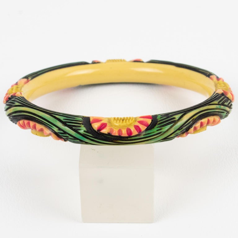 French Art Deco Celluloid Carved Bracelet Bangle Daisy Flowers For Sale ...