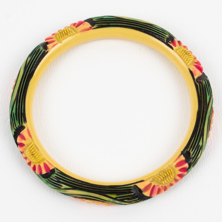 French Art Deco Celluloid Carved Bracelet Bangle Daisy Flowers For Sale ...
