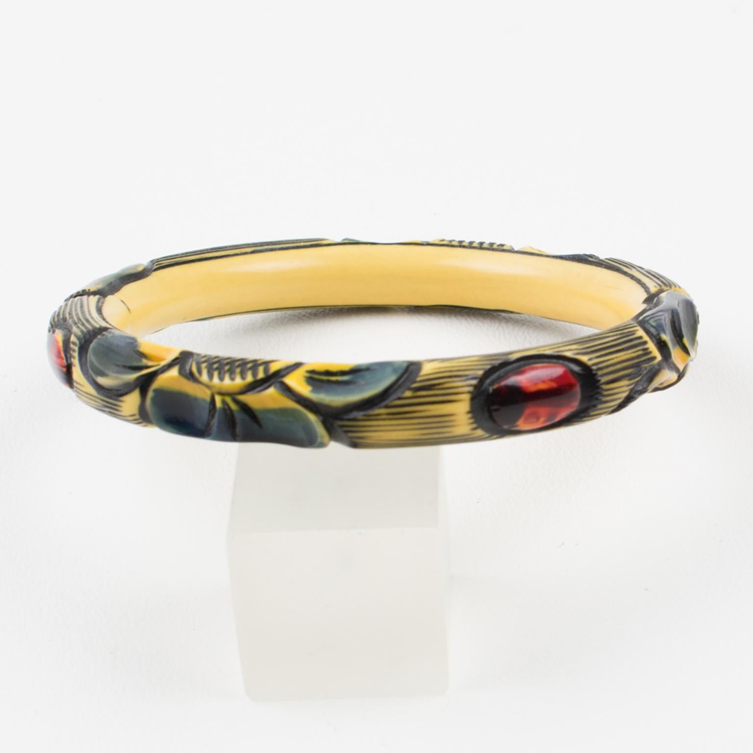 French Art Deco Celluloid Carved Bracelet Bangle LadyBug and Flower For ...