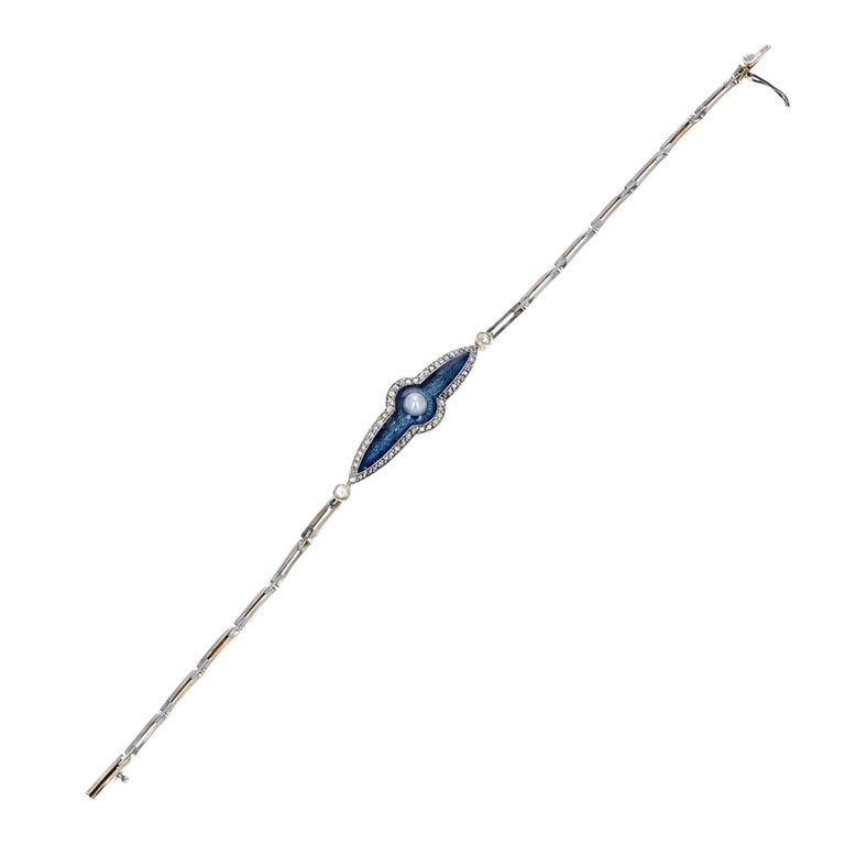 French Art Deco Chaumet Pearl and Enamel Bracelet in Box Chain Platinum ...