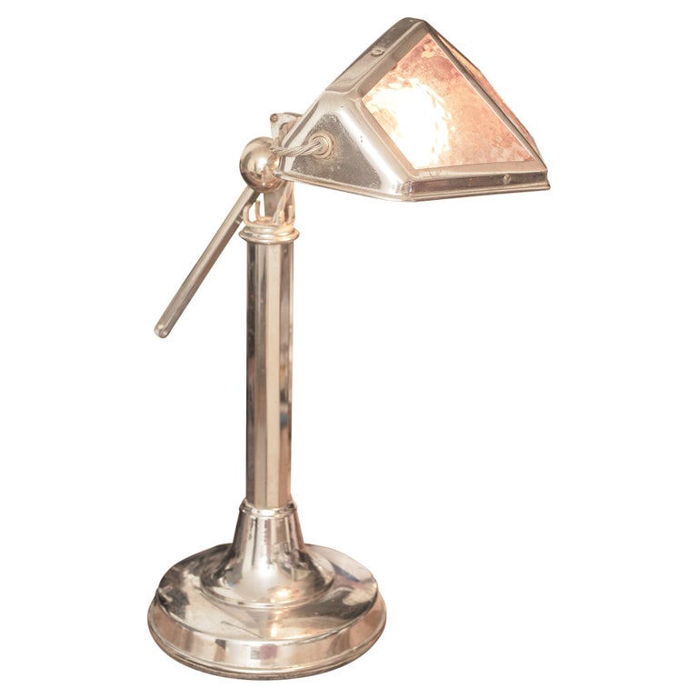 French Art Deco Chrome Table Lamp Inset with Purple Stained Glass ...