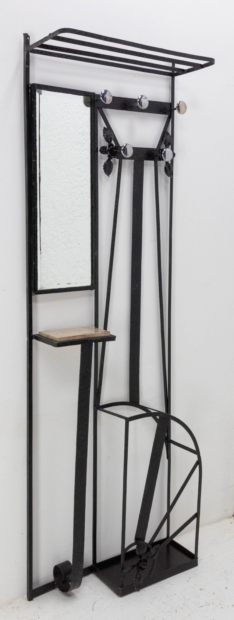 French Art Deco Coat Rack Hat Stand Wrough Iron Glass and Mirror, circa ...