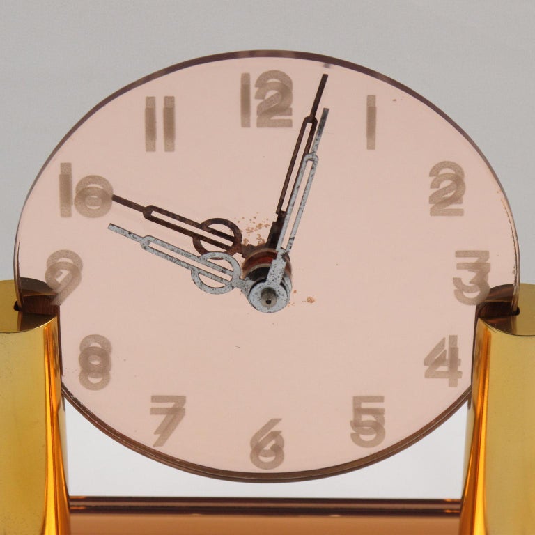 French Art Deco Copper Mirror Peach Glass Brass Table Desk Vanity Clock ...