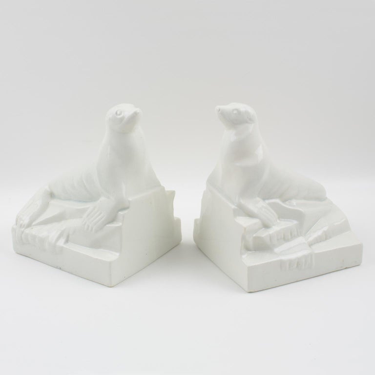French Art Deco Crackle Ceramic Seal Sculpture Bookends by Onnaing For ...