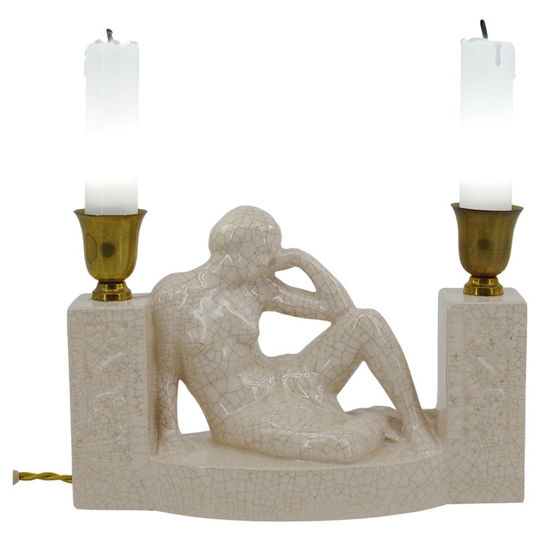 French Art Deco Crackle Glaze Ceramic Demeter or Ceres Table Lamp ...