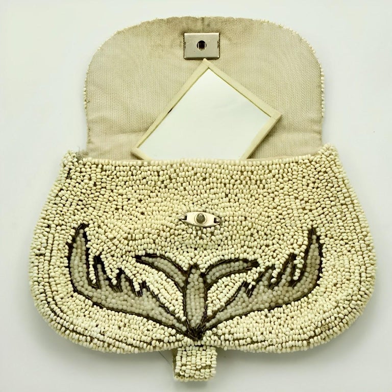 French Art Deco Cream, Pale Grey and Dark Grey Beaded Bag with Mirror ...