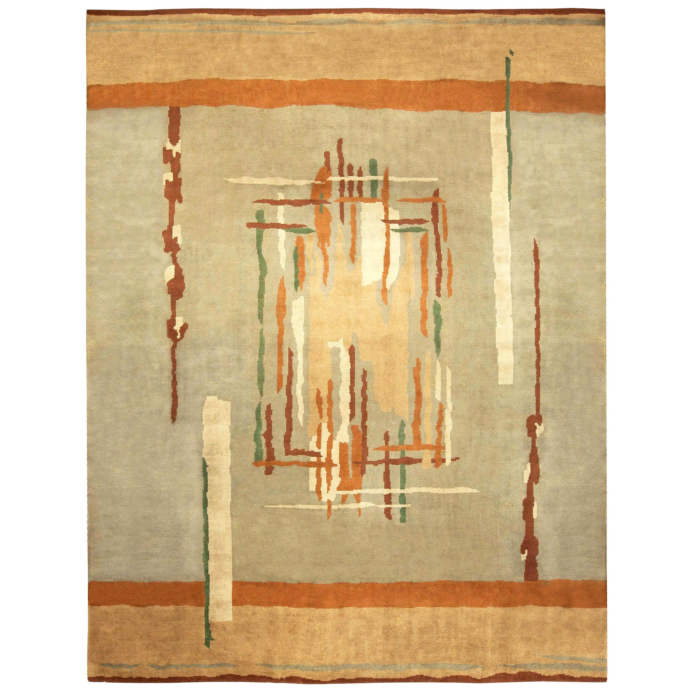 French Art Deco Dark Green, Rust, Orange, Peach and Cream Wool Rug at ...