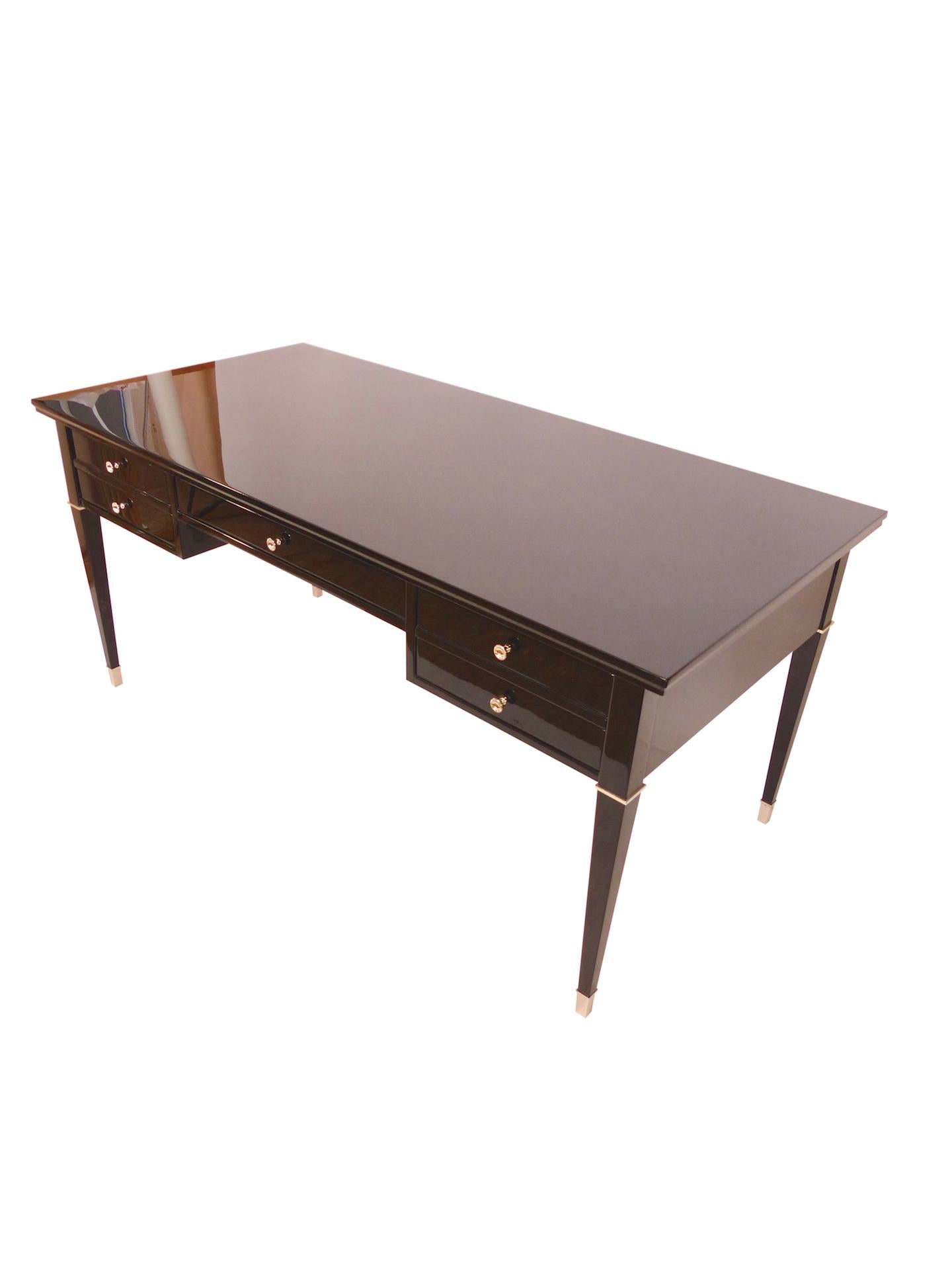 French Art Deco Desk with Thin Drawers and Metal Sabots in Black Piano ...