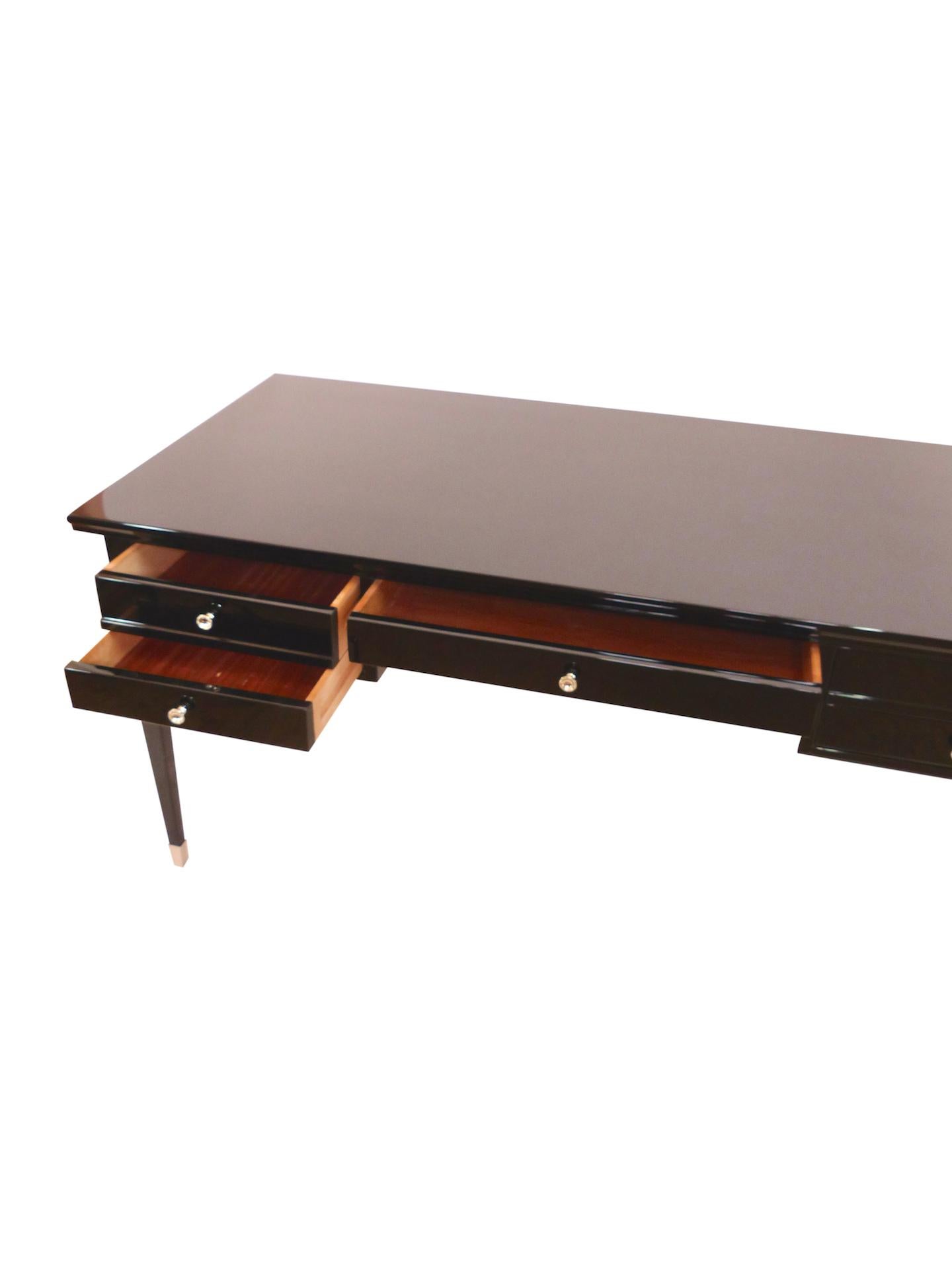 French Art Deco Desk with Thin Drawers and Metal Sabots in Black Piano ...