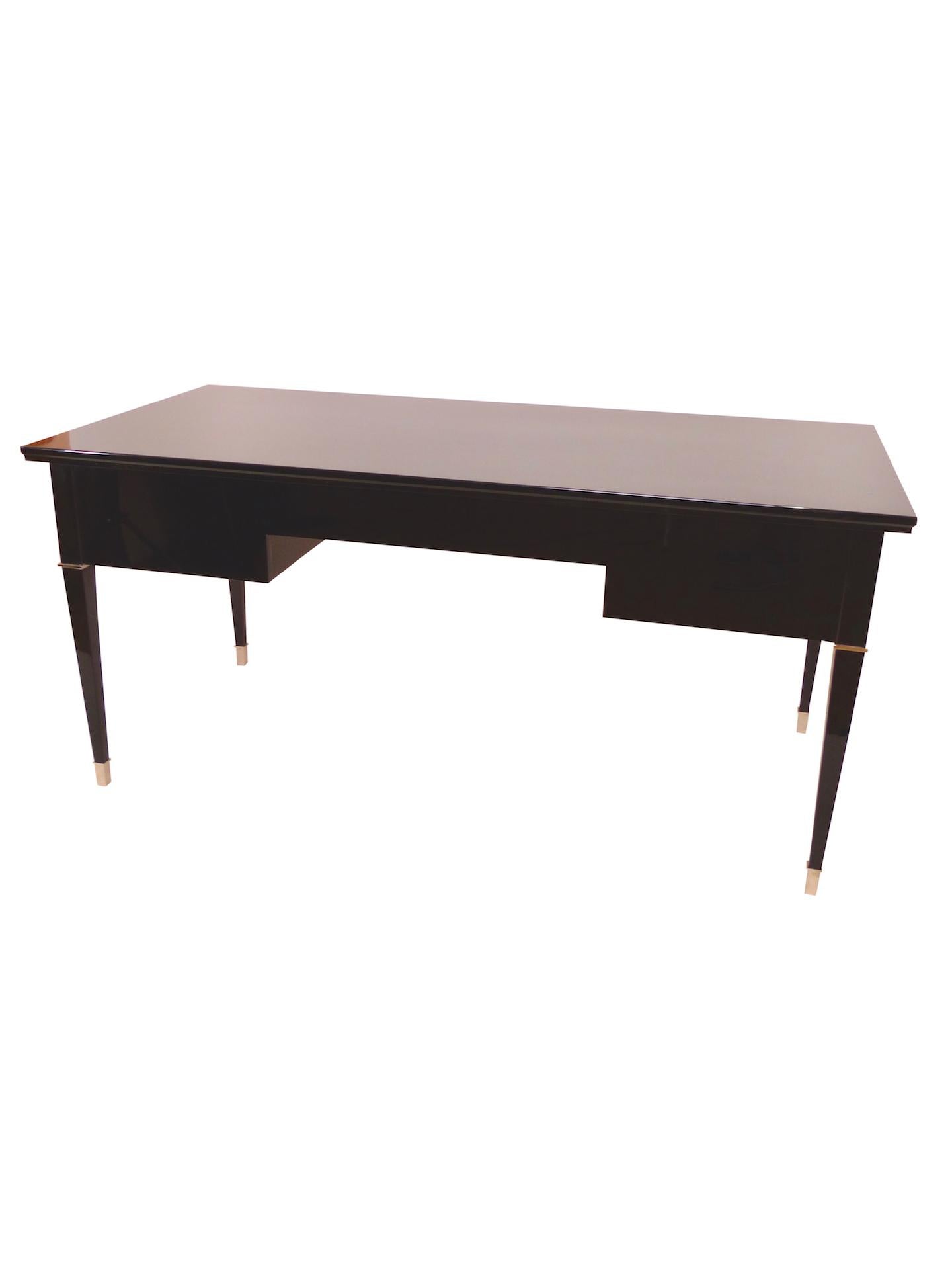 French Art Deco Desk with Thin Drawers and Metal Sabots in Black Piano ...