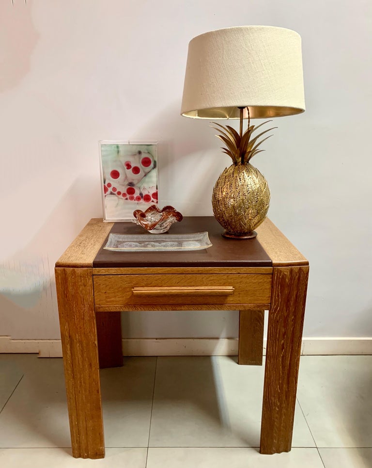 French Art Deco Desk Writing Side Table Natural Oak and Lceather Cover ...