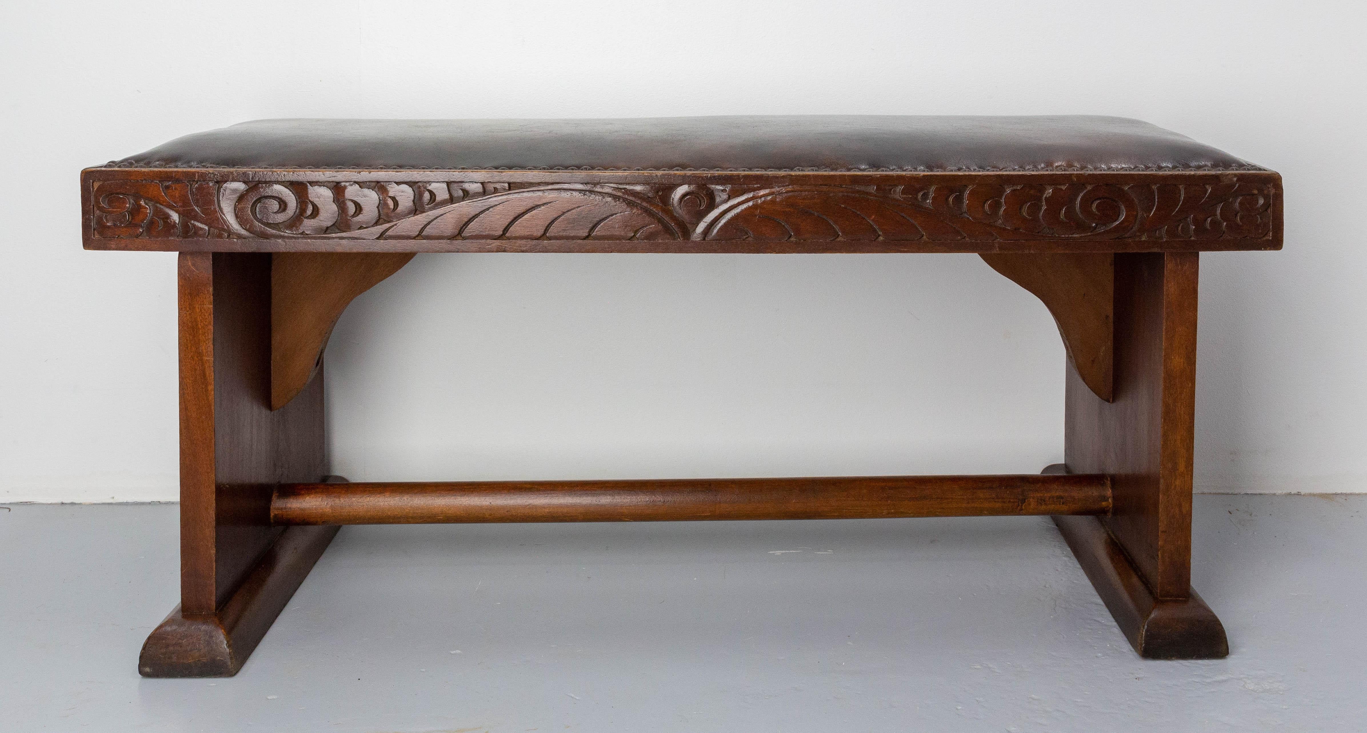 French Art Deco End of Bed or Entry Hall Bench Iroko and Leather, circa ...