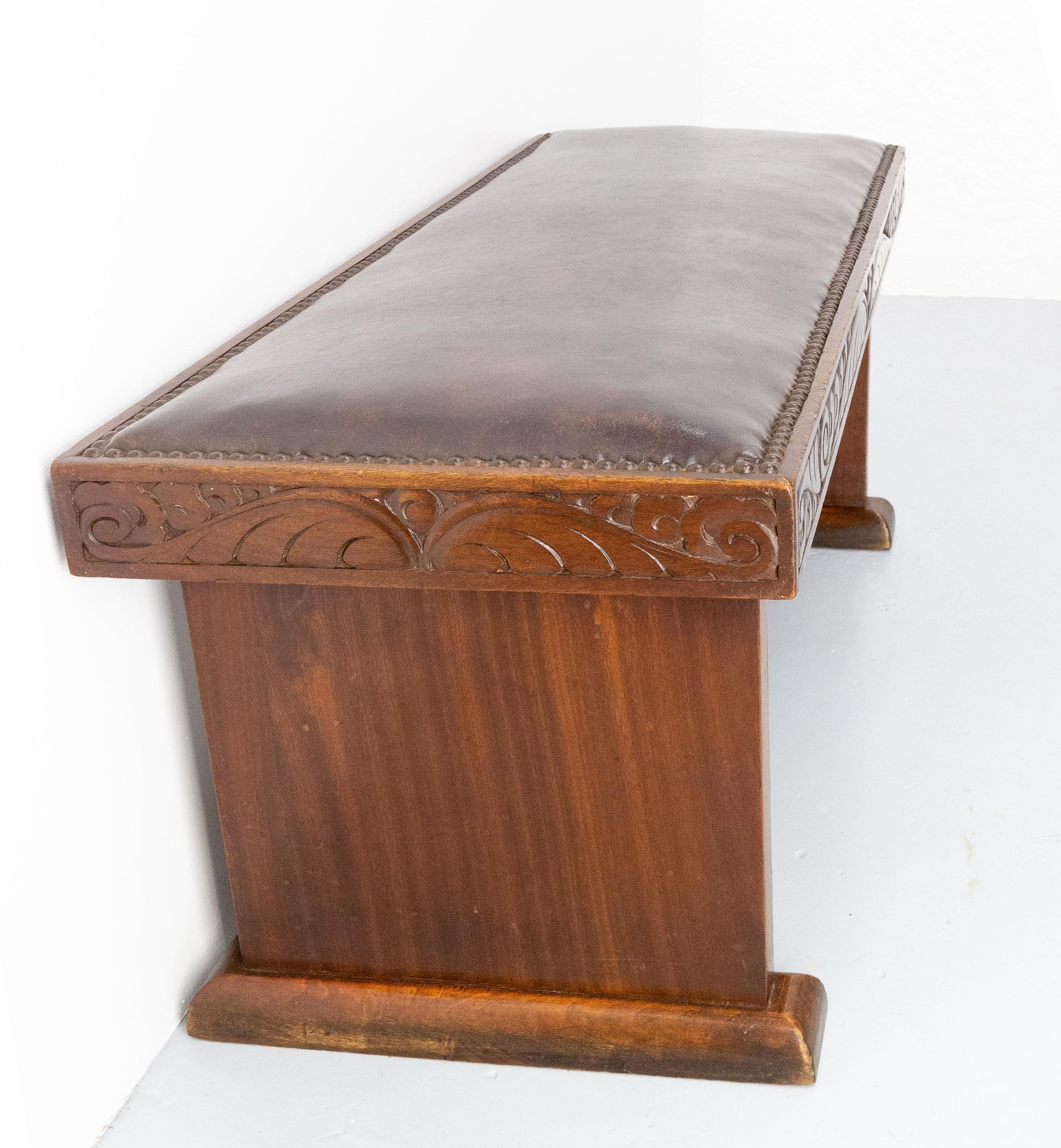 French Art Deco End of Bed or Entry Hall Bench Iroko and Leather, circa ...