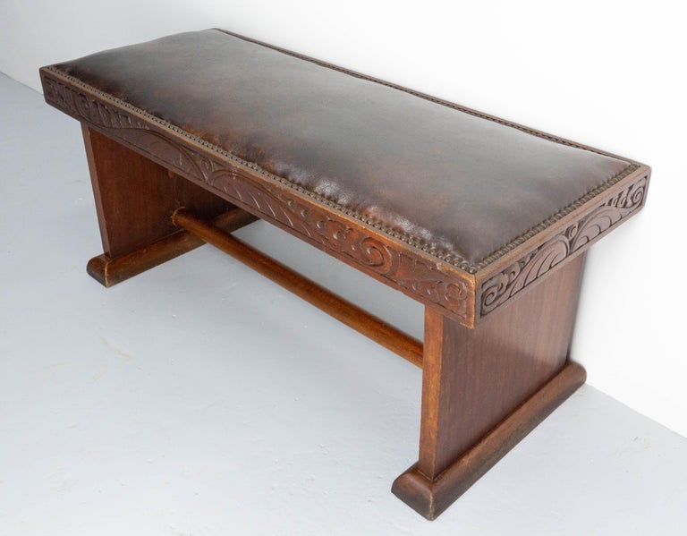 French Art Deco End of Bed or Entry Hall Bench Iroko and Leather, circa ...