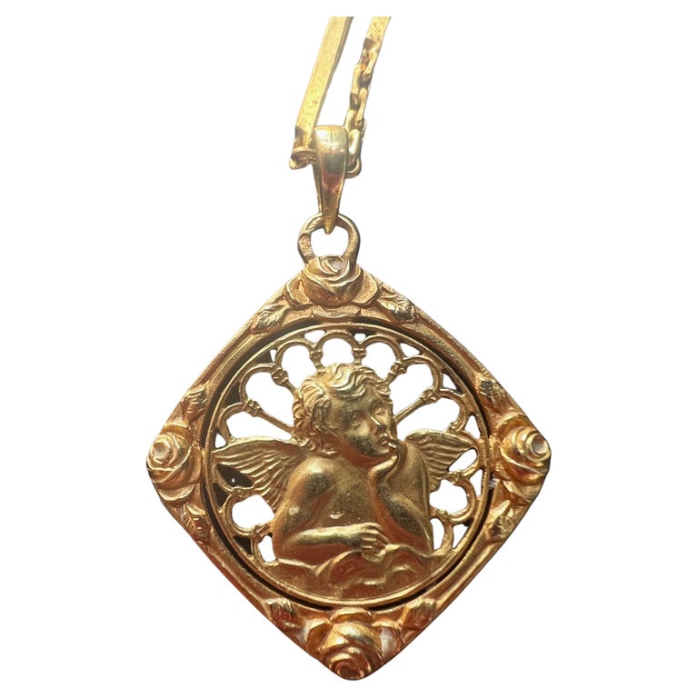 French Art Deco Era 18K Gold Angel Raphael Medal Pendant For Sale at ...