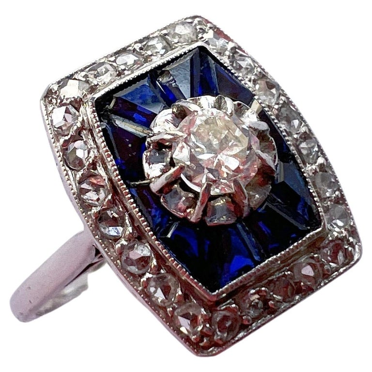 French Art Deco era 18K white gold diamond blue sapphire ring For Sale ...