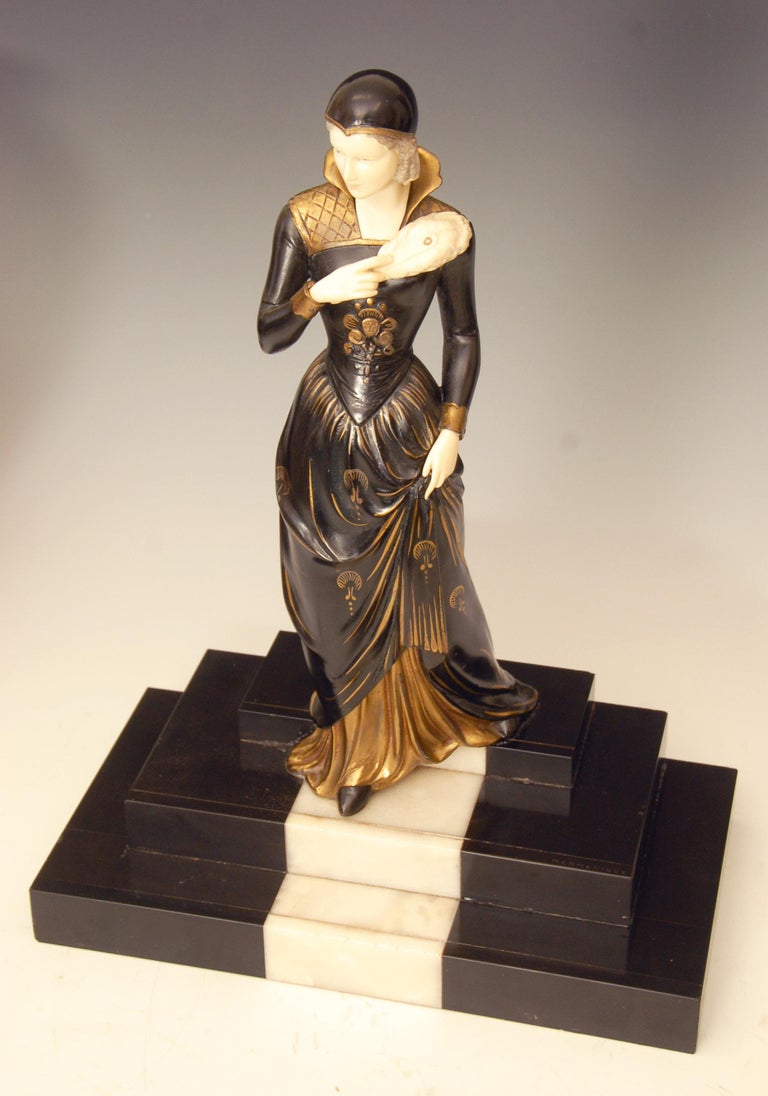 French Art Deco Figure of a Lady Descending a Marble Staircase by E ...