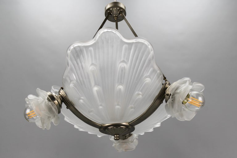 French Art Deco Four-Light White Frosted Glass Shell Chandelier, 1930s ...