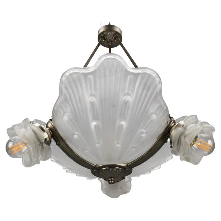 French Art Deco Four-Light White Frosted Glass Shell Chandelier, 1930s ...