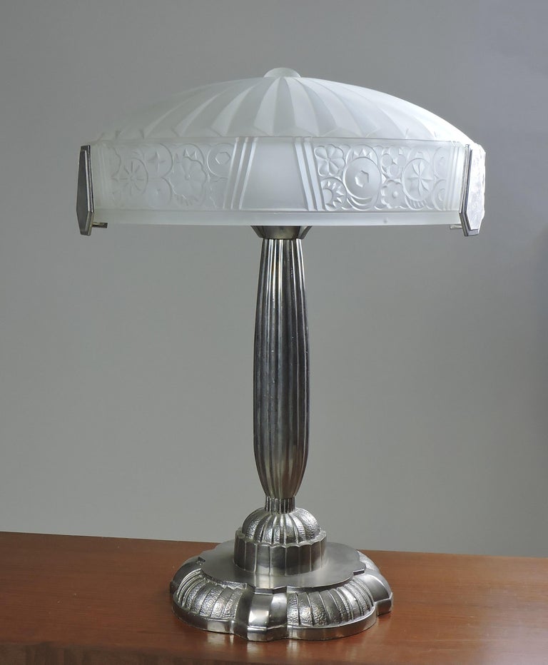 French Art Deco Frosted Glass and Nickel Table Lamp at 1stDibs