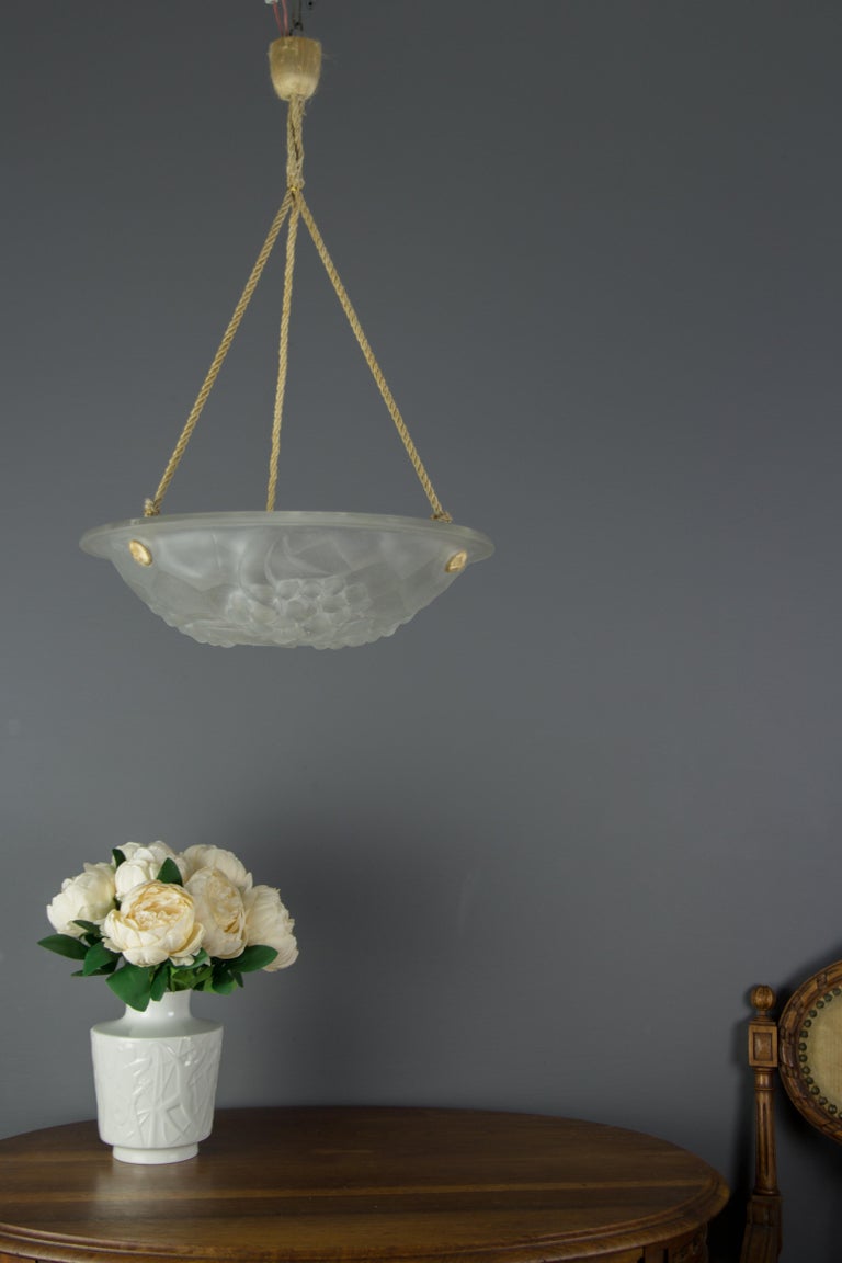 French Art Deco Frosted Molded Clear Glass Pendant Light Signed Ros