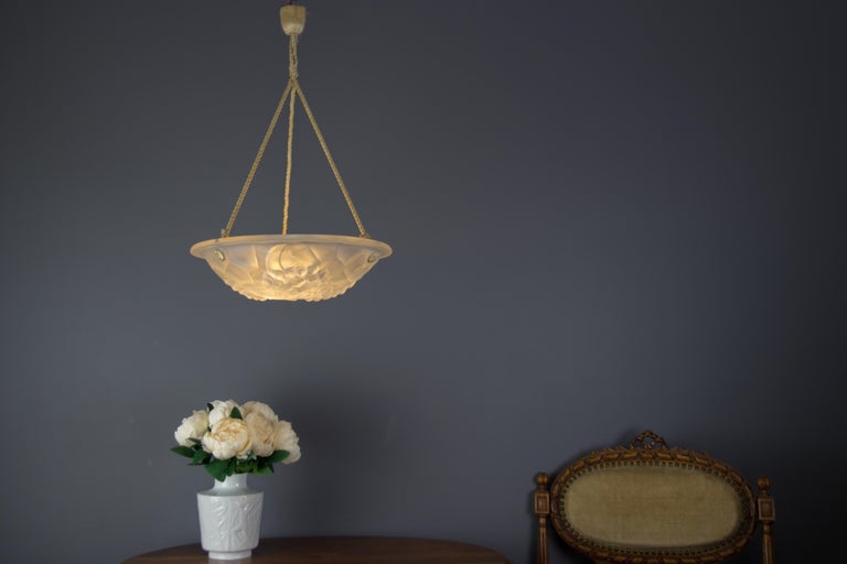 French Art Deco Frosted Molded Clear Glass Pendant Light Signed Ros