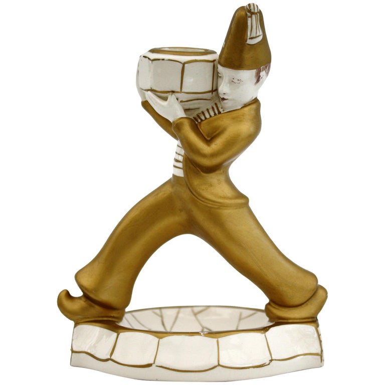 French Art Deco Gilded Pottery Figural Candlestick, circa 1930 at 1stDibs