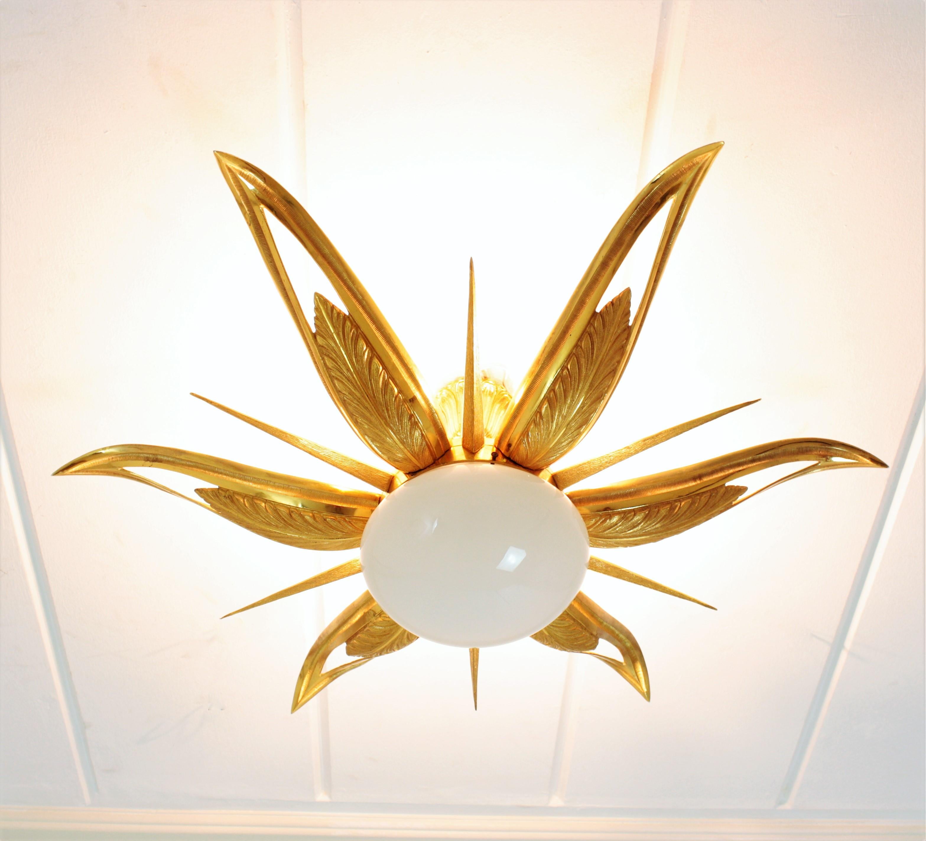 French Art Deco Gilt Bronze and Milk Glass Starburst Sunburst Flush ...