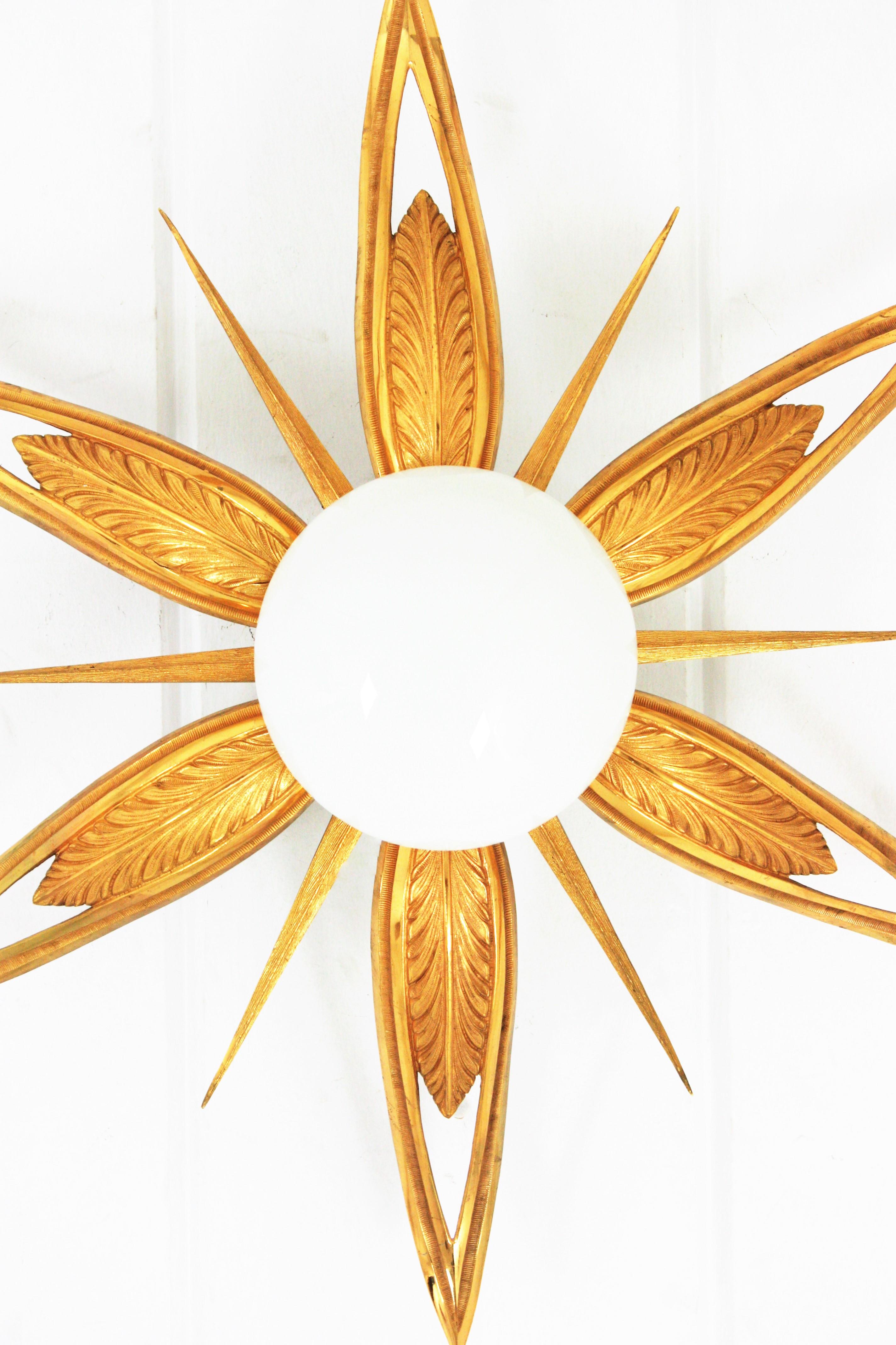 French Art Deco Gilt Bronze and Milk Glass Starburst Sunburst Flush ...
