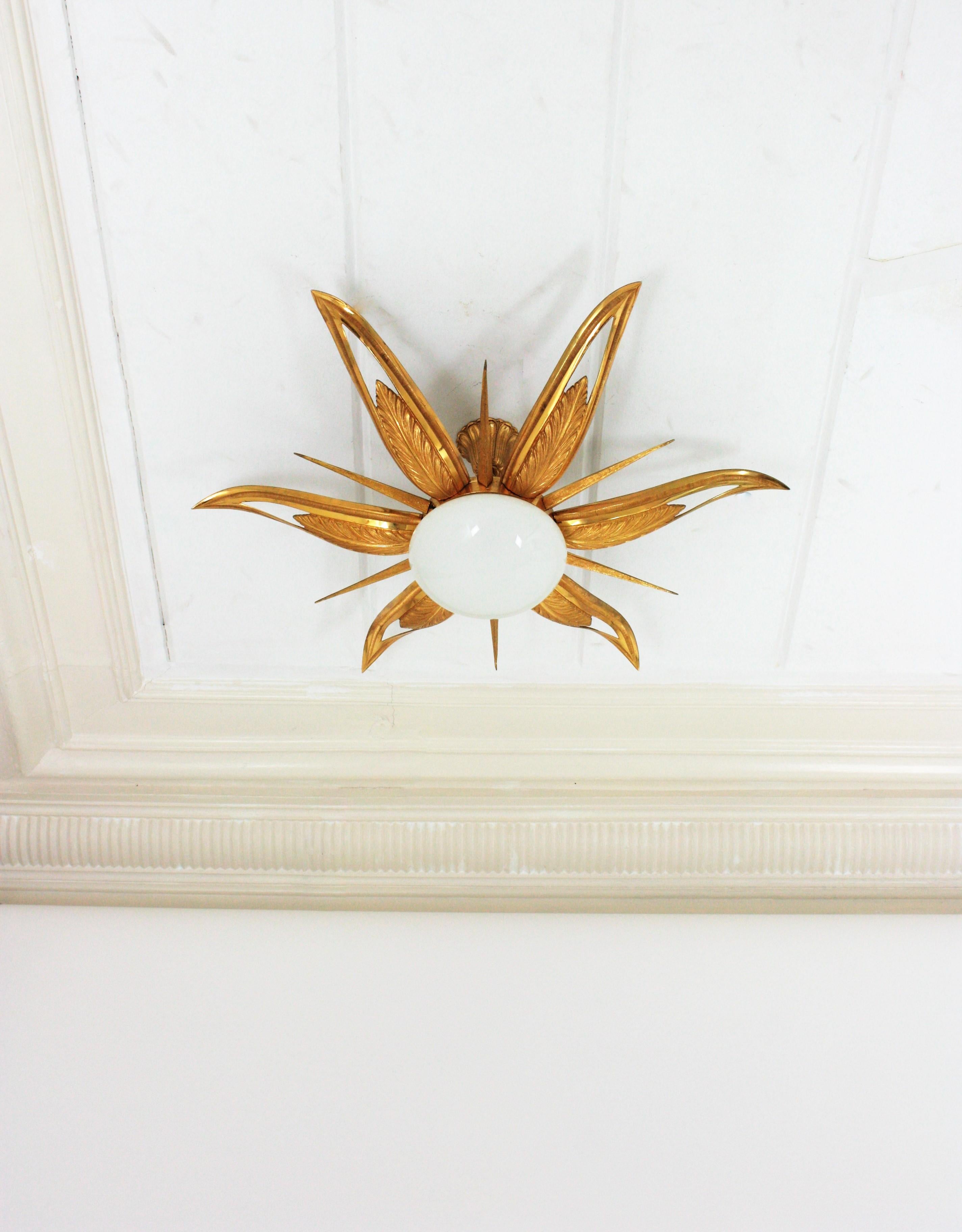 French Art Deco Gilt Bronze and Milk Glass Starburst Sunburst Flush ...