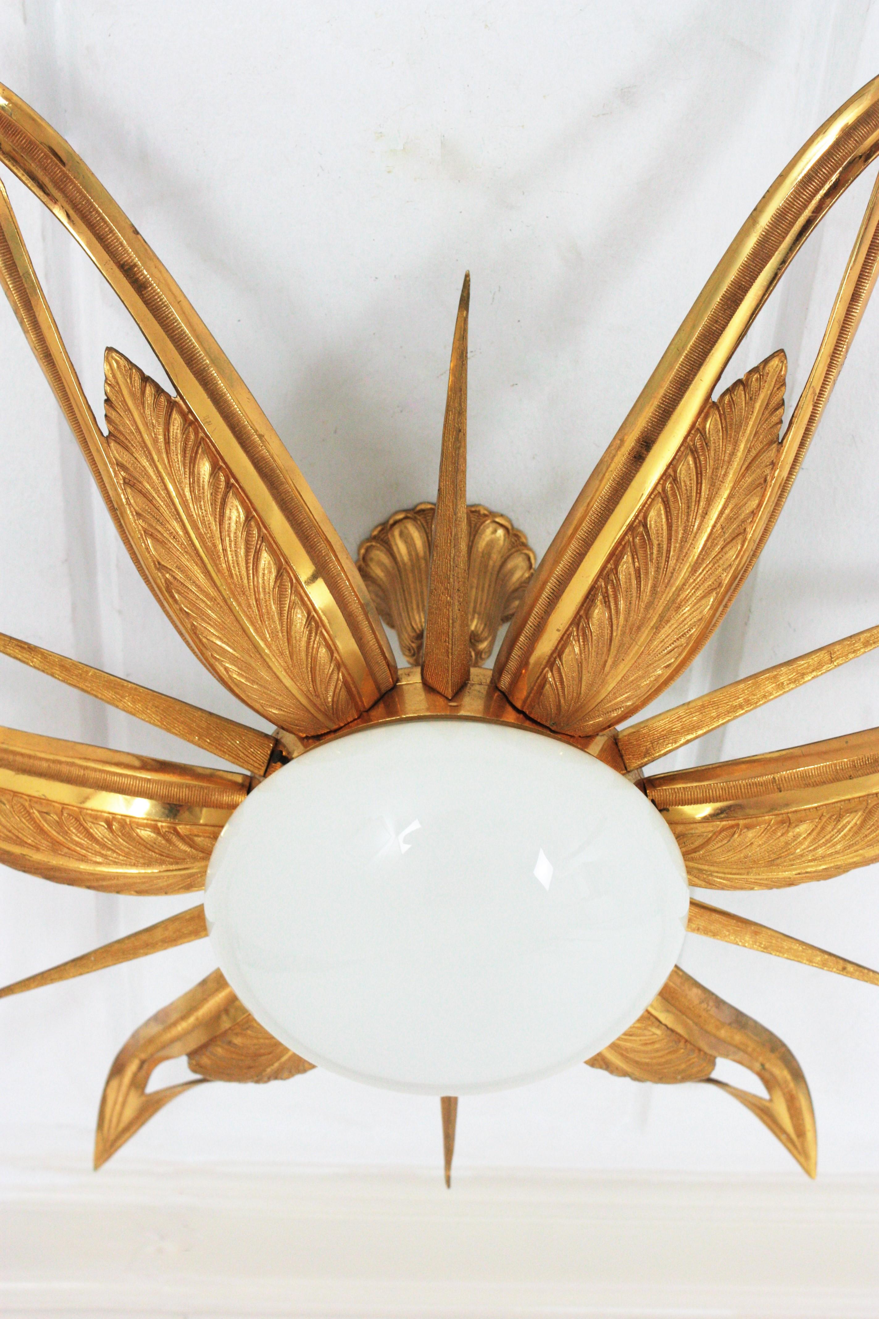 French Art Deco Gilt Bronze and Milk Glass Starburst Sunburst Flush ...