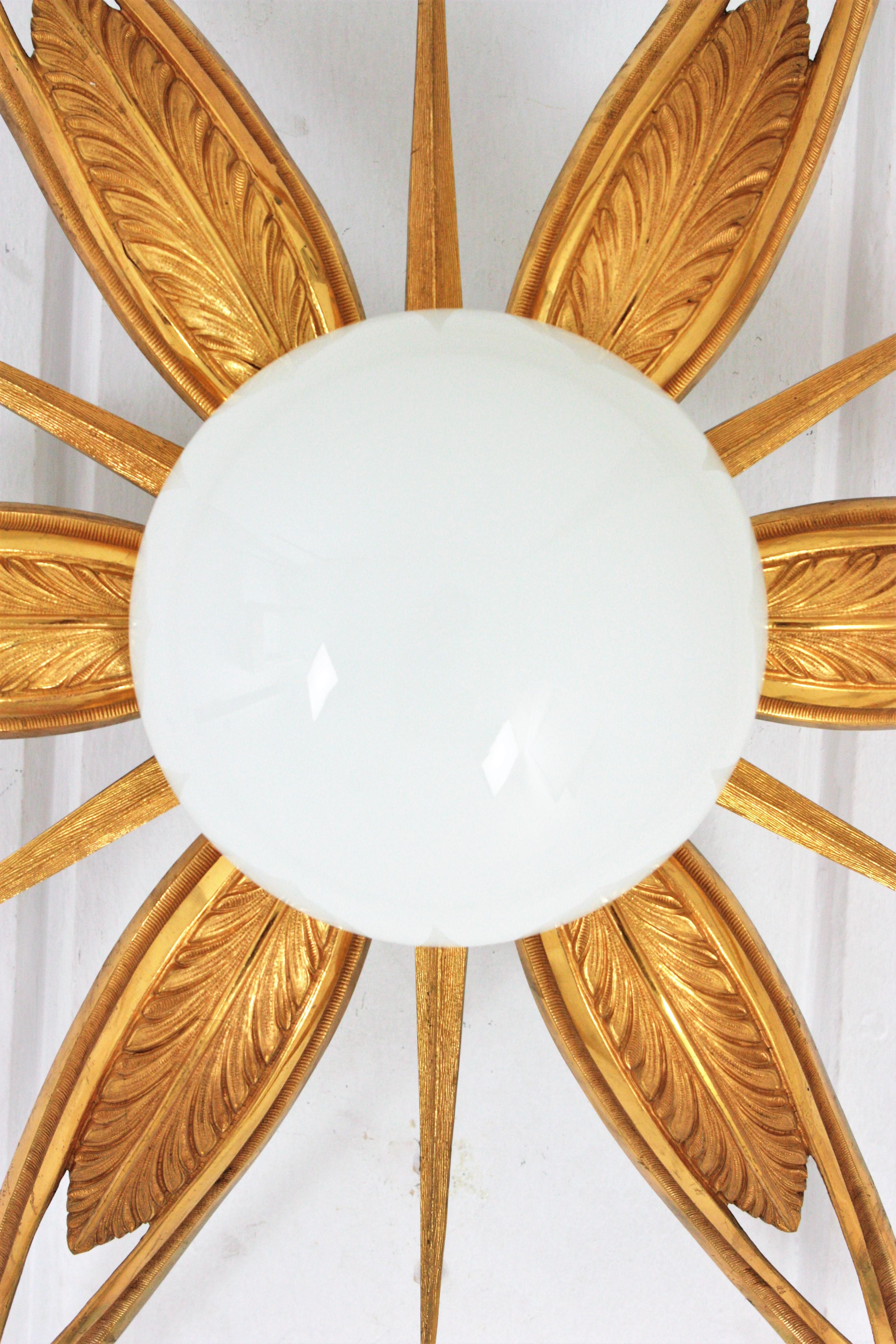 French Art Deco Gilt Bronze and Milk Glass Starburst Sunburst Flush ...